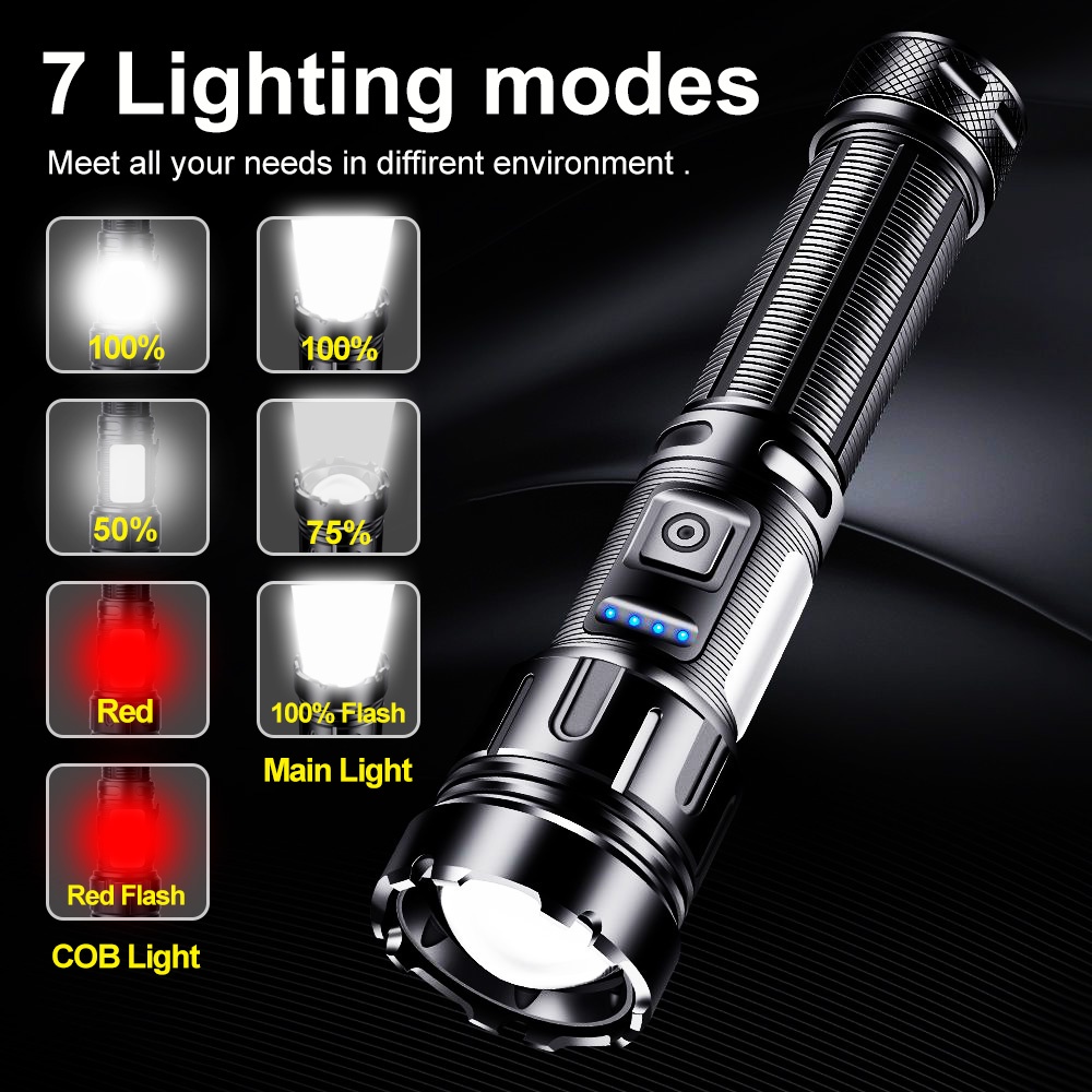 5000 Meters Long Throw LED Flashlight COB Work Light USB C Rechargeable ...