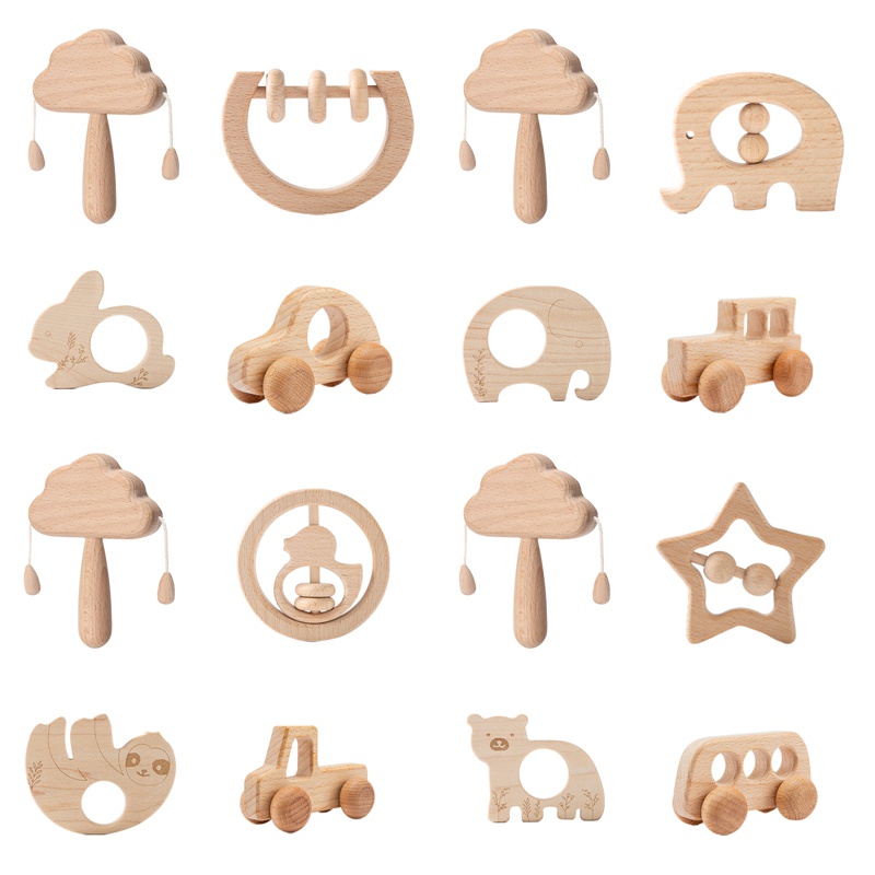 1set Wooden Rattle Beech Cloud Hand Teething Wooden Ring Baby Rattles ...