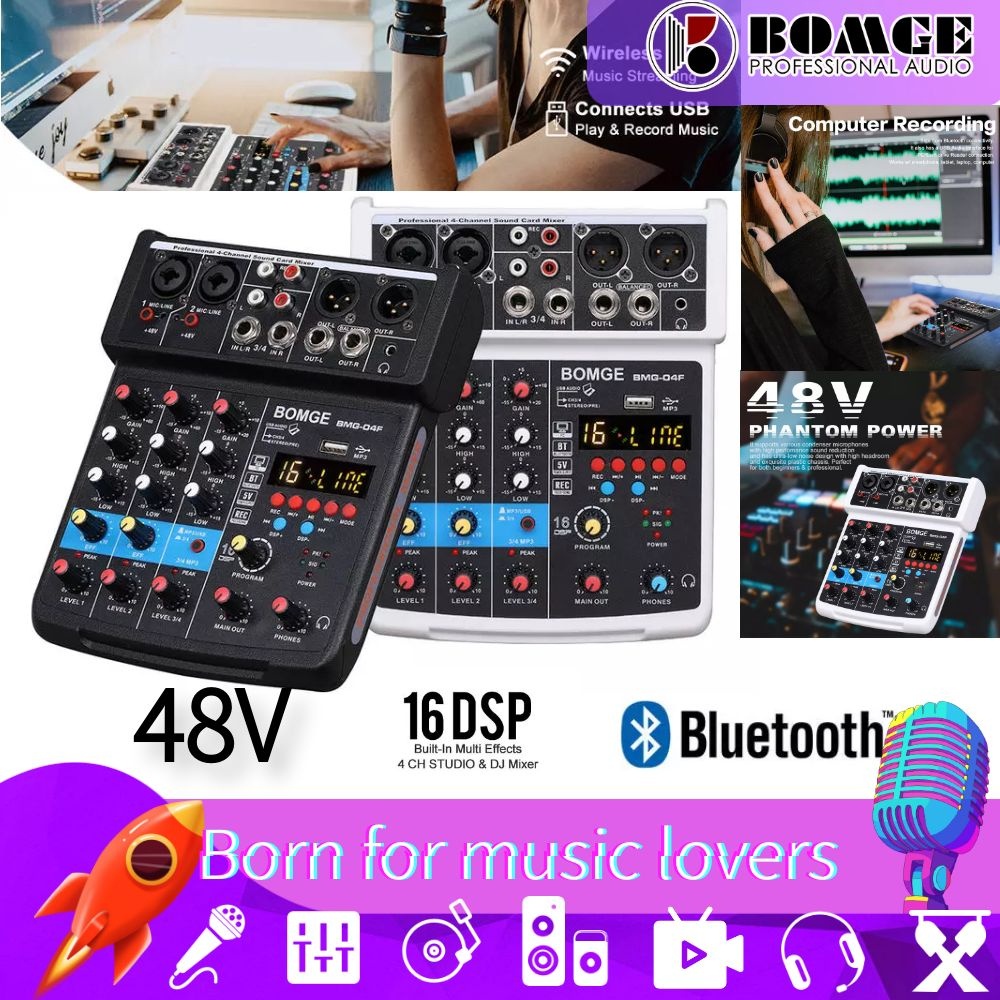 BOMGE-04F 4 channel dj audio sound mixer with MP3/USB Bluetooth, /stereo record/48V /16 DSP Echo ...