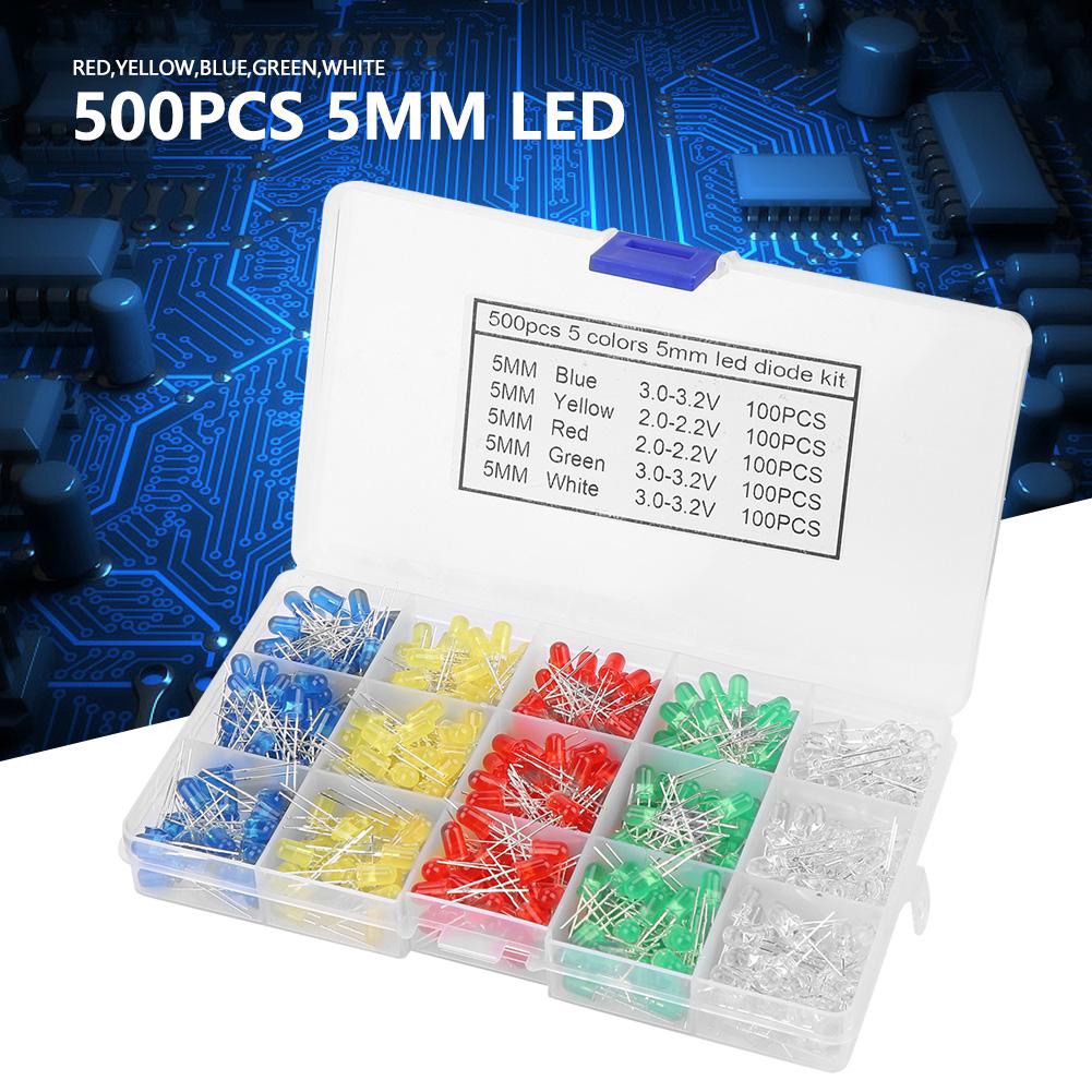 500pcs 5mm LED Light Red Yellow Blue Green White Assortment Diodes Kit ...
