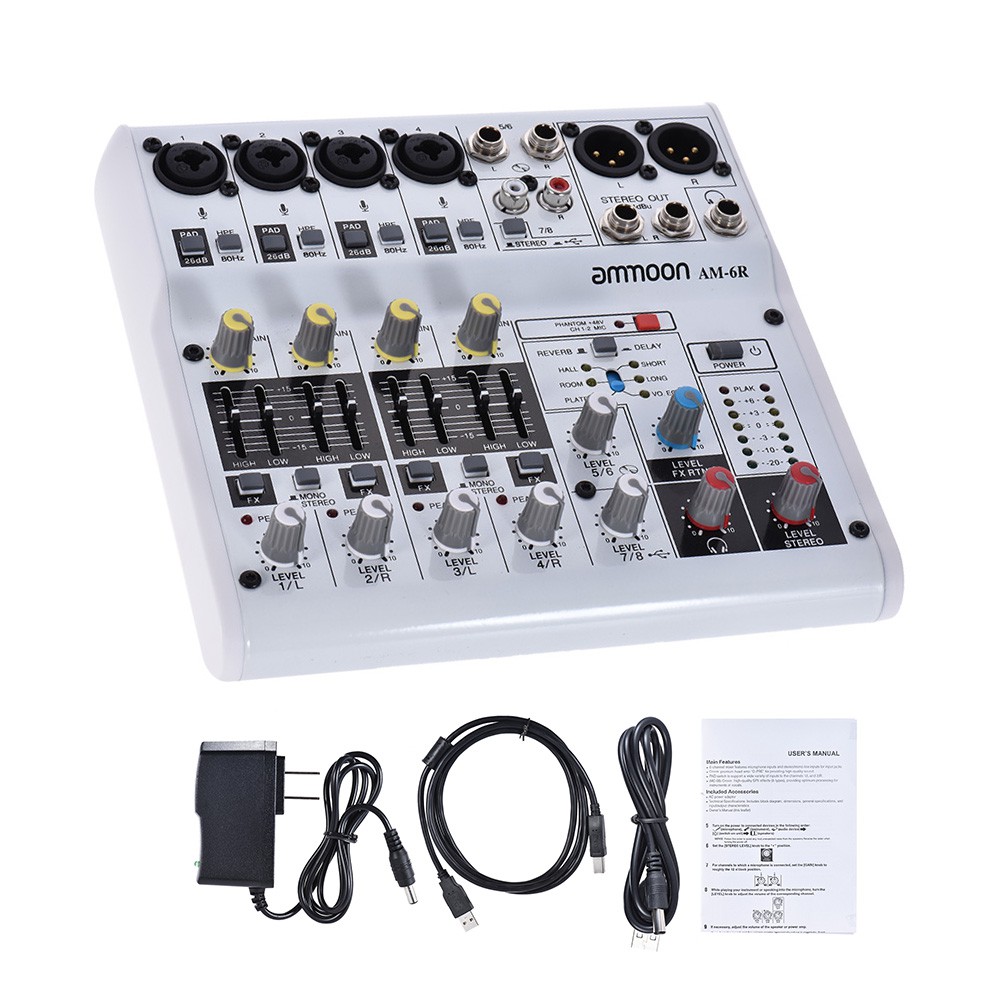 ammoon AM-6R 8-Channel Digital Audio Mixer Mixing Console Built-in 48V ...