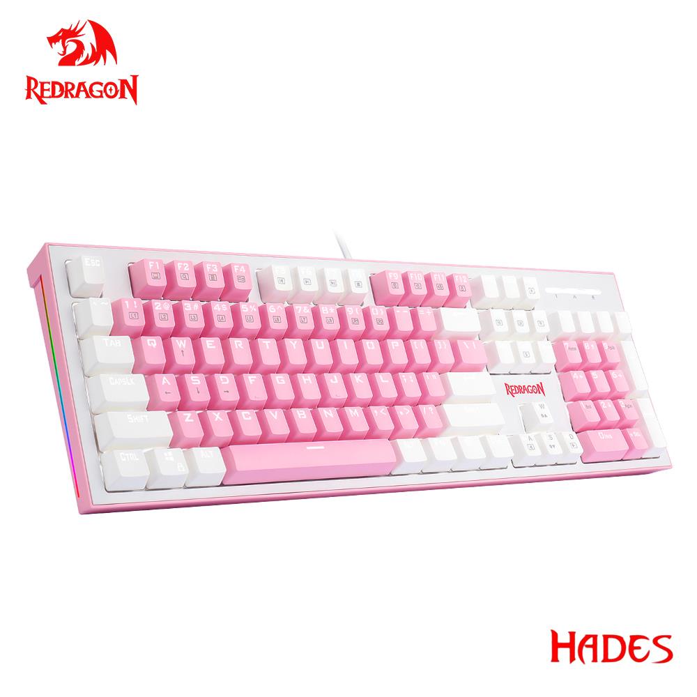 Redragon HADES K623 USB คีย์บอร์ดเล่นเกมสีชมพูสีขาวมีไฟ Led Backlit 104 คีย์สําหรับคอมพิวเตอร์ ...