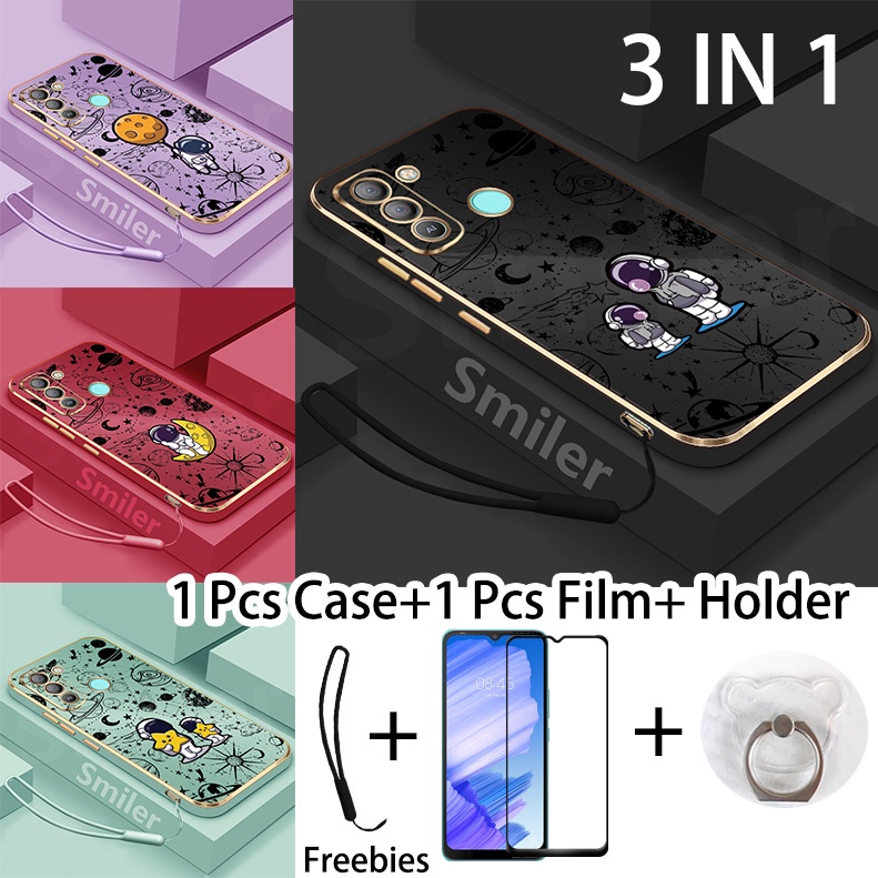3 IN 1 Tecno Pop 5 LTE(BD4) เคสโทรศัพท์ เคลือบไฟฟ้า สีทอง พร้อมกระจก ...