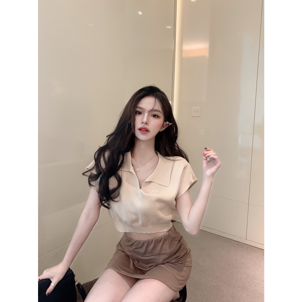 Honey เสื้อครอปไหมพรม แขนกุดคอปกหน้าวี (K282) - honey.closet - ThaiPick