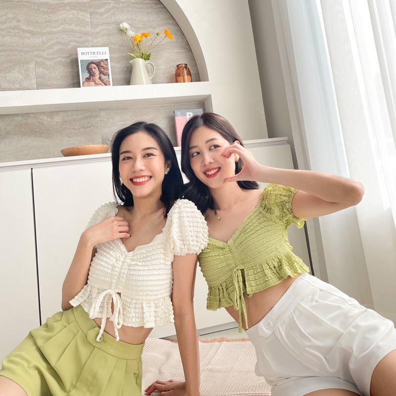 Lita top เสื้อแขนตุ๊กตารูดหน้า (เขียว,ครีม) | Shopee Thailand