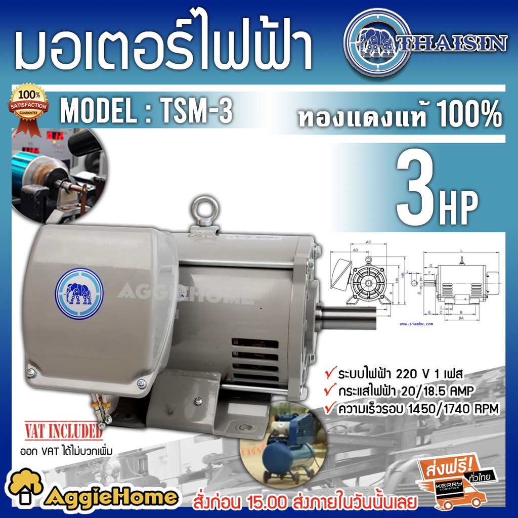 THAISIN มอเตอร์ ไฟฟ้า รุ่น TSM-3 220V. / 3HP / 1450 รอบ IP มอเตอร์ ...