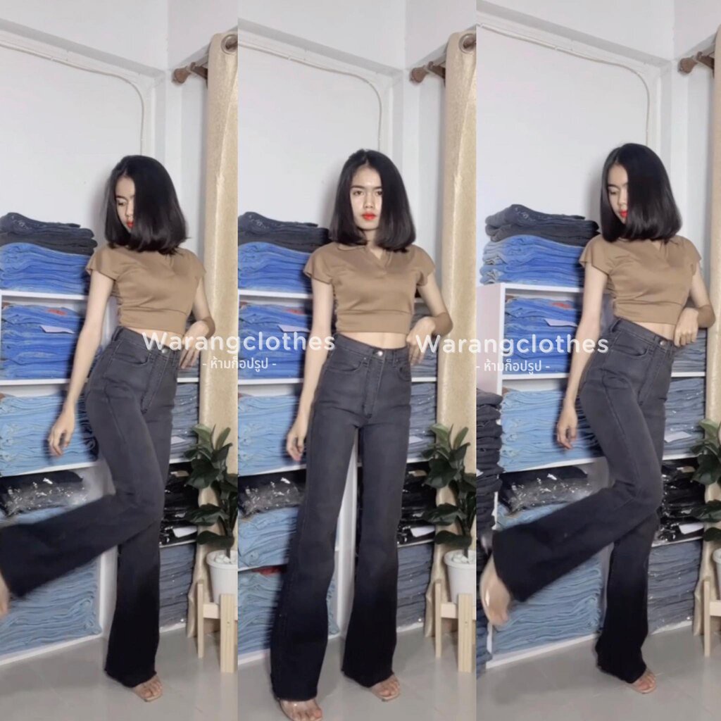 ️WarangClothes ️กางเกงยีนส์เอวสูงขาม้า สีดำฟอก W030 - warang.clothes - ThaiPick