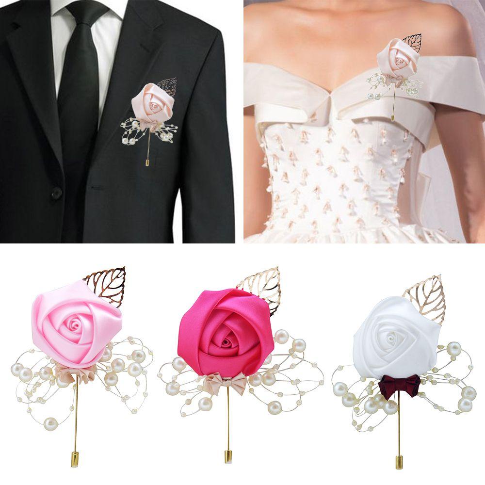 BEBETTFORM Party Rose Flower Corsage Women Men Bride Groom Brooch Pearl ...