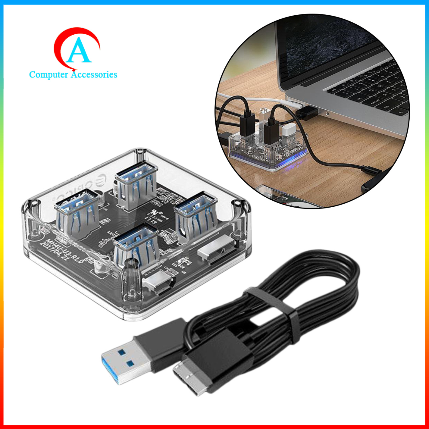 Transparent HUB 4 Ports USB3.0 Adapter Splitter USB Power Supply 30cm ...