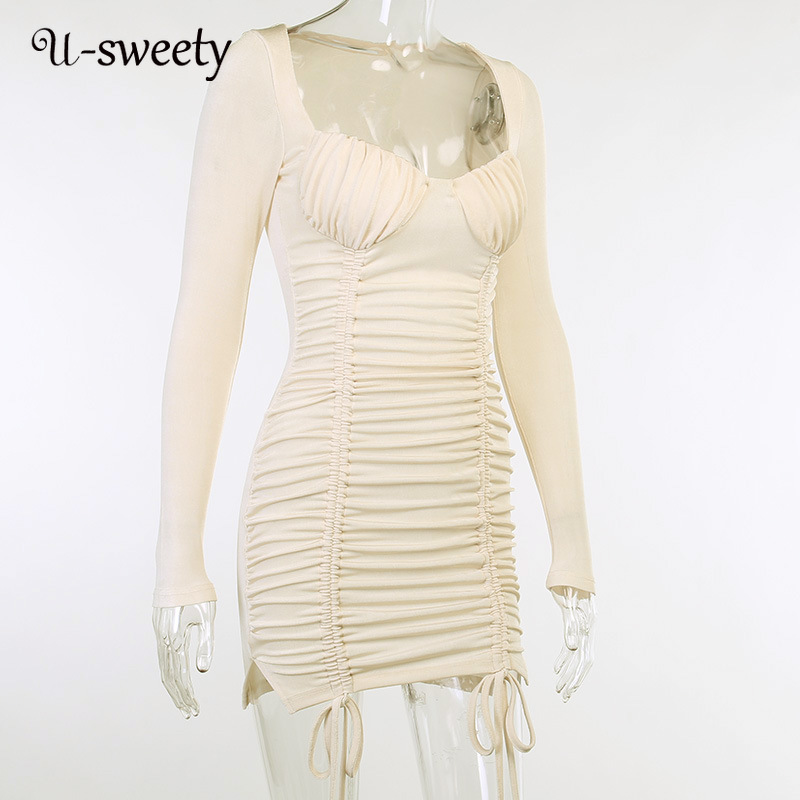 U-sweety Fashion Solid Color Square Neck Long Sleeves Front Pleated ...