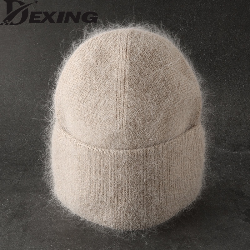 New2021 Fashion Winter Hat For Womens Solid Color Real Rabbit Fur Beanies Hat For Woman Knit ...