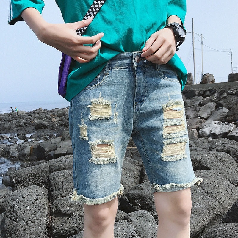 ∈ Men's Shorts outer beggar pants hole jeans Man's Classic Ripped Short ...