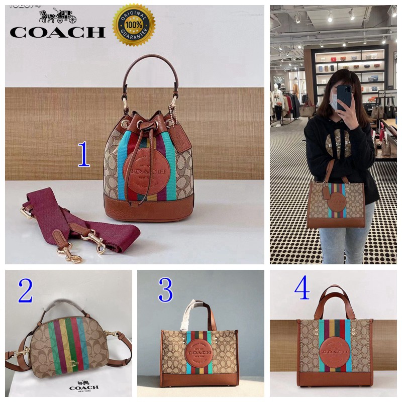 Coach กระเป๋าสะพายไหล่สตรีทรงแมสเซนเจอร์แฟชั่นสีแดงลายทางผ้าใบและหนัง ...