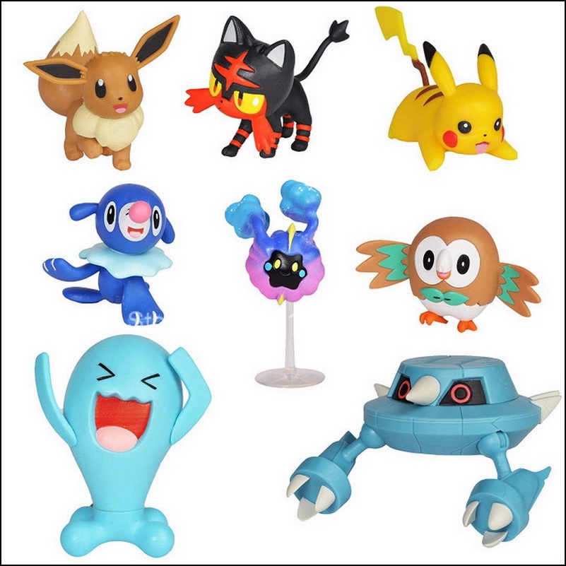 8pcsset Pokemon Pikachu figures Popplio Rowlet Cosmog Metang Eevee Litten Wobbuffet Pika Action ...