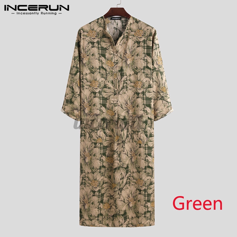 INCERUN Men Linen Ethnic Floral Long Sleeve V Neck Baggy Long Top ...