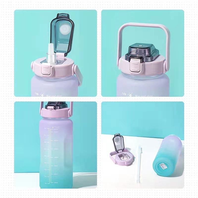 พร้อมส่ง️ขวดน้ำ 2 ลิตร(2000ml)ขวดน้ำบอกเวลา สีพาสเทล มีที่จับ ขวดน้ำพกพา หลอดแบบPopUp ฟรี ...