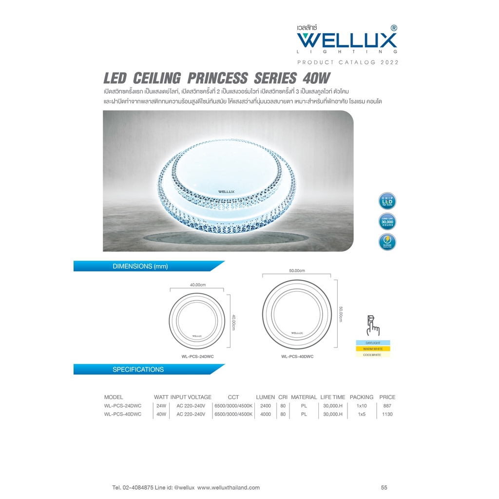 รุ่นใหม่2022WELLUX โคมไฟเพดานติดลอย 3 แสง 24W 40W LED CEILING LAMP 3 ...