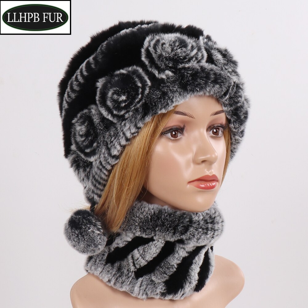 New Knitted Lady Real Rex Rabbit Fur Scarves Hats Sets Winter Women ...
