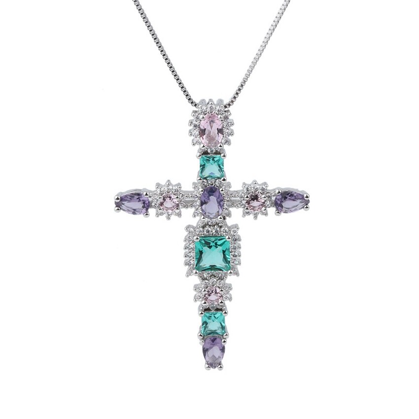 Delicate Colorful Big Pendant Necklace Chain Cross AAA Cubic Zirconia ...