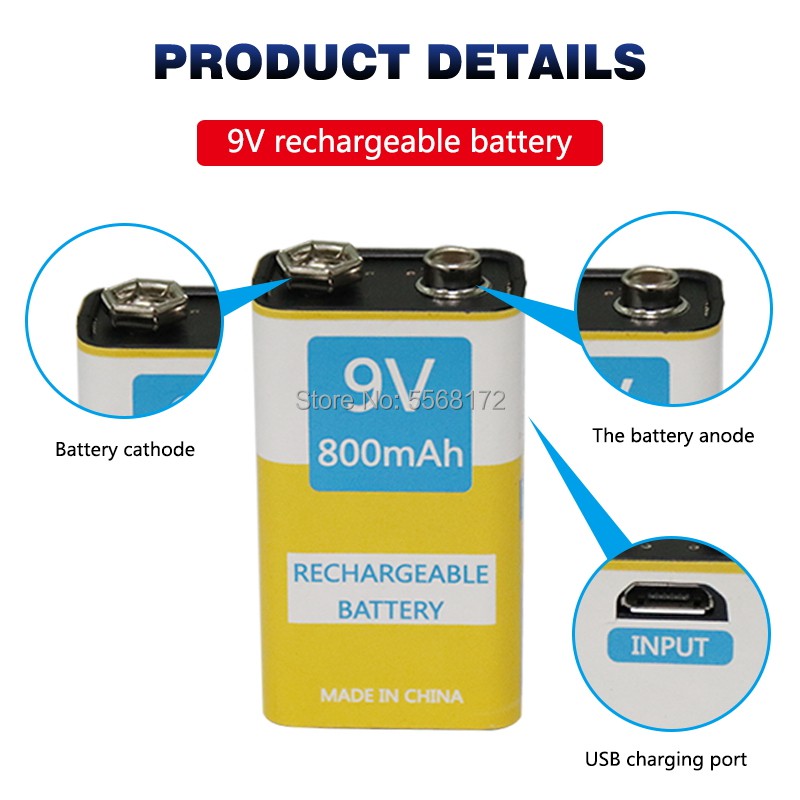 แบตเตอรี่ลิเธียม 1cs 9V 800mAh Micro USB Rechargeable Lio Battery for ...