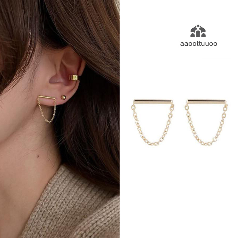 Gold Color Piercing Chain Stud Earring Ear Cuff Chain Line Thread ...