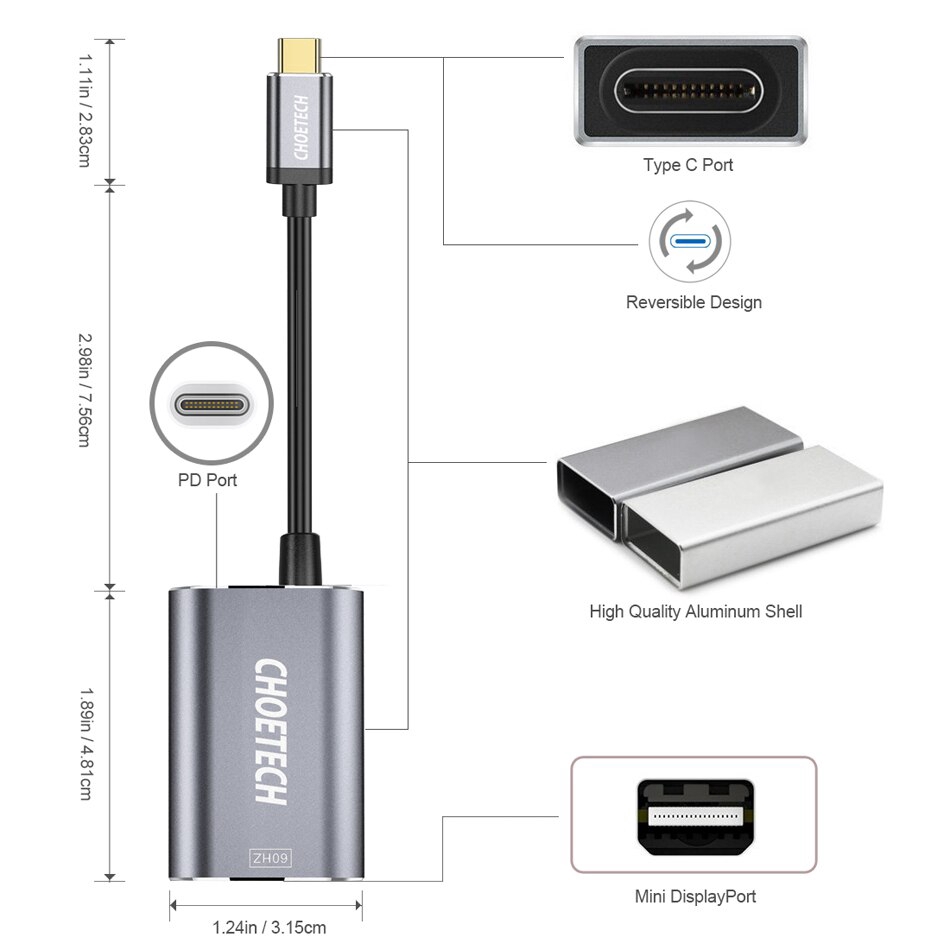 CHOETECH 4K 60Hz USB C to Mini Displayport Adapter with PD Charging ...