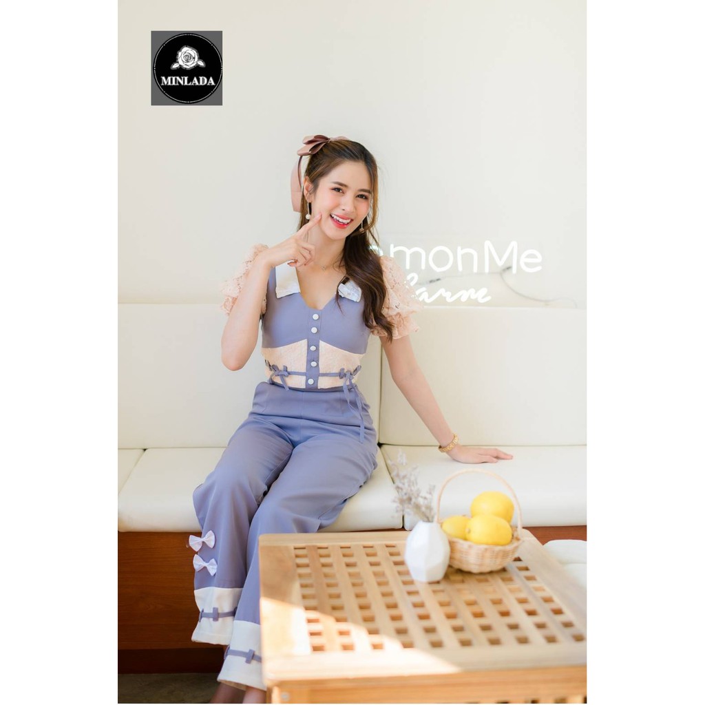 Minlada Brand การันตีเสื้อผ้าแบรนด์แท้ เซท กางเกง ขายาวทรงน่ารัก แต่งผ้าลูกไม้ช่วงแขนเสื้อ สี ...