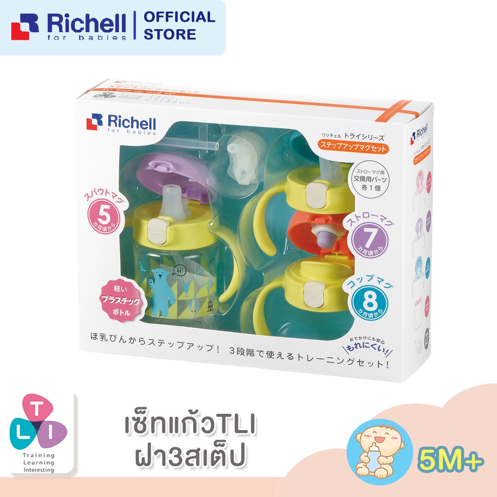 Richell (ริเชล) เซ็ตแก้วหัดดื่ม พร้อมฝาปิด3สเต็ปรุ่น TLI มีฝานอนดูด ฝาหลอดปกติ ฝายกดื่มในชุด ถอด ...