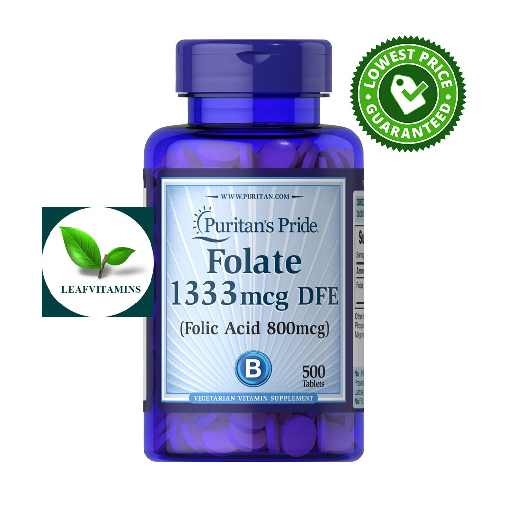 Puritan's Pride Folate 1333 mcg DFE ( Folic Acid 800 mcg) / 500 Tablets ...