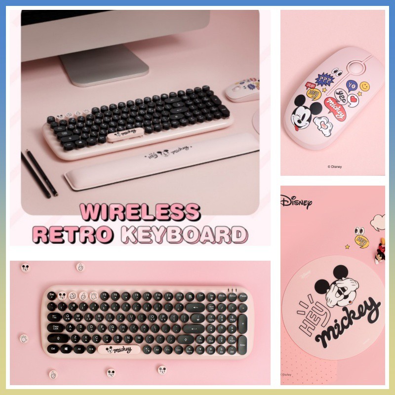 ROYCHE x Disney Mickey Silent Wireless Mouse, Wireless Retro Keyboard ...