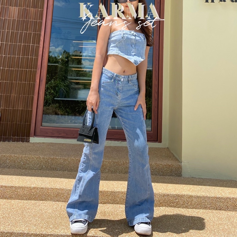 (พร้อมส่ง) MINIGIRL โค้ด WHVNLV เหลือ630.- Karma jeans set เซ็ทยีนส์เสื้อเกาะอกกางเกงขายาว ...