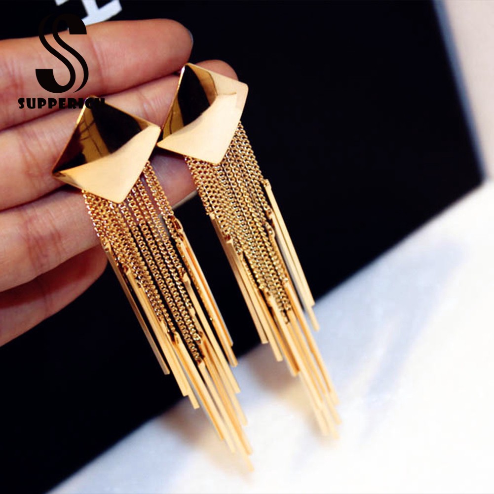 Lady Rhombic Sequins Long Tassel Chain Dangle Stud Earrings - supperich ...