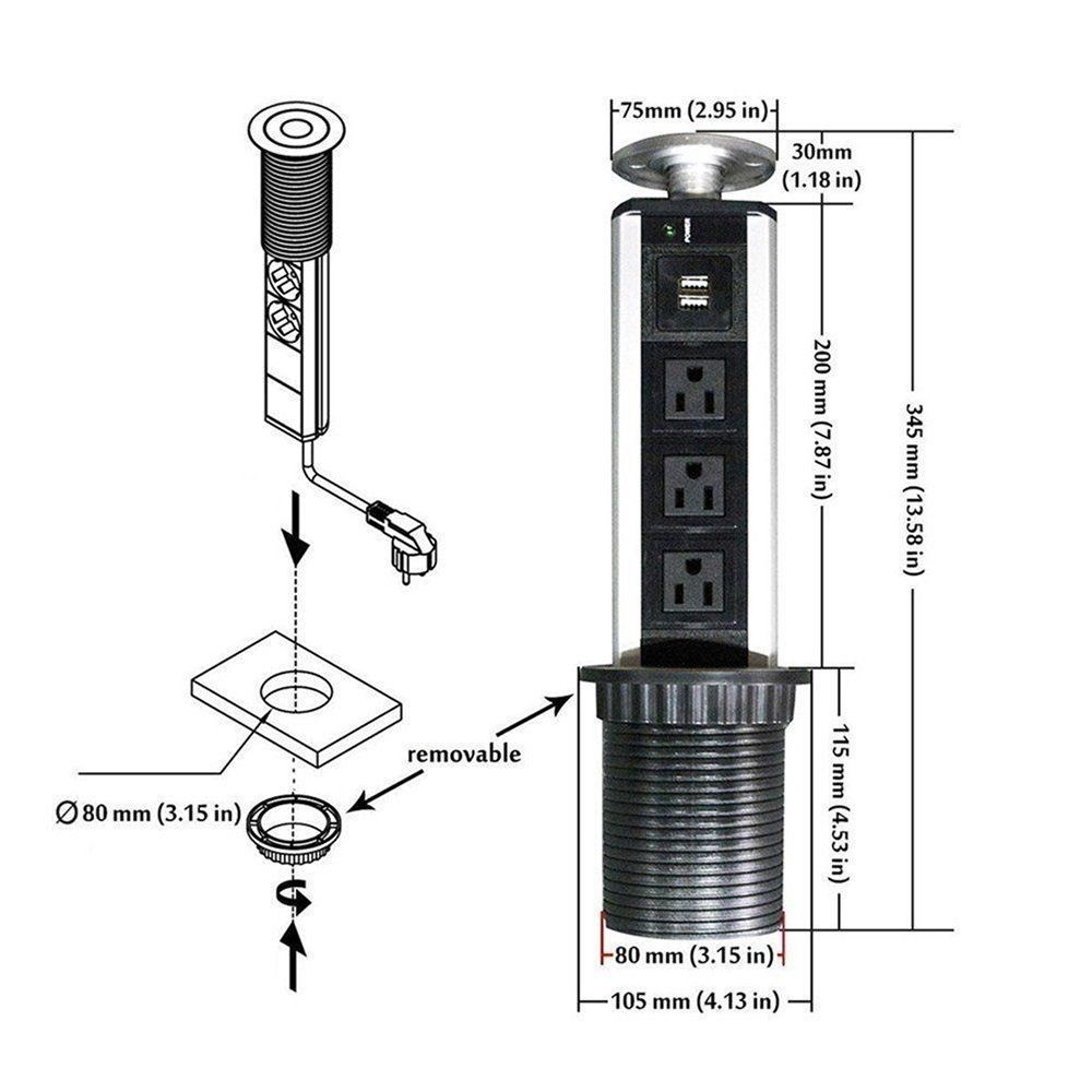 3 Plug Socket 2 USB Table Electrical Outlet Pull Pop Up Power Socket ...