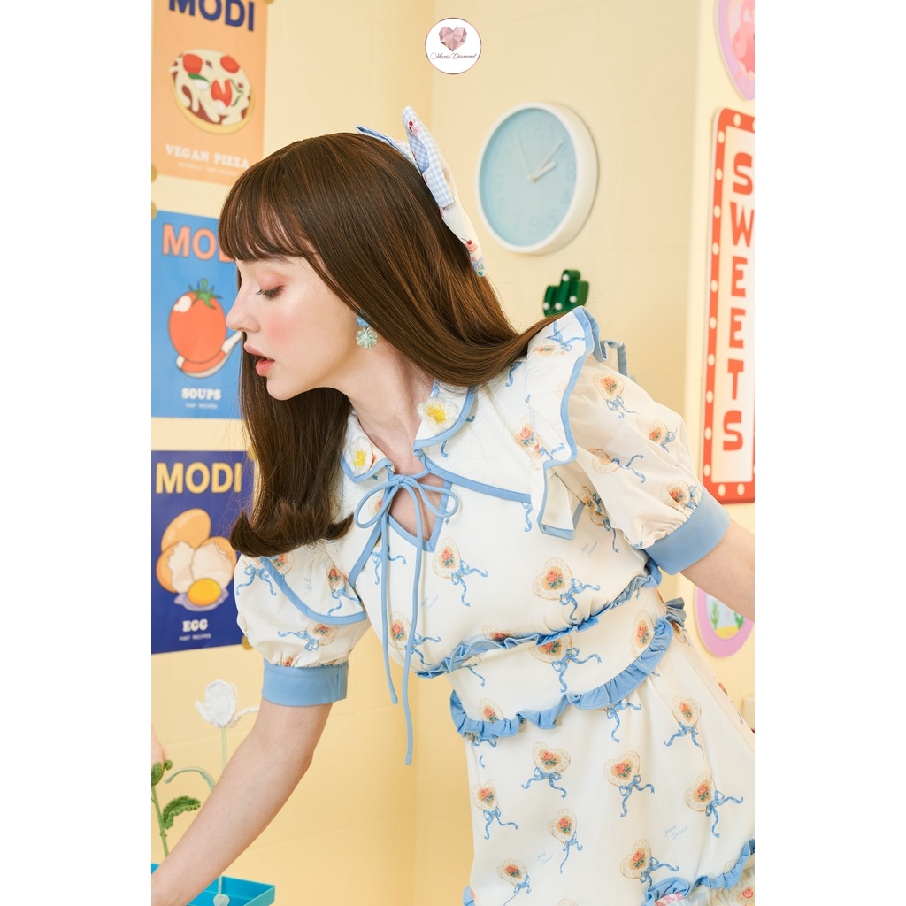 Maria Diamond Brand การันตีเสื้อผ้าแบรนด์แท้ เดรสสั้นสีขาวฟ้าเเขนตุ๊กตา ...