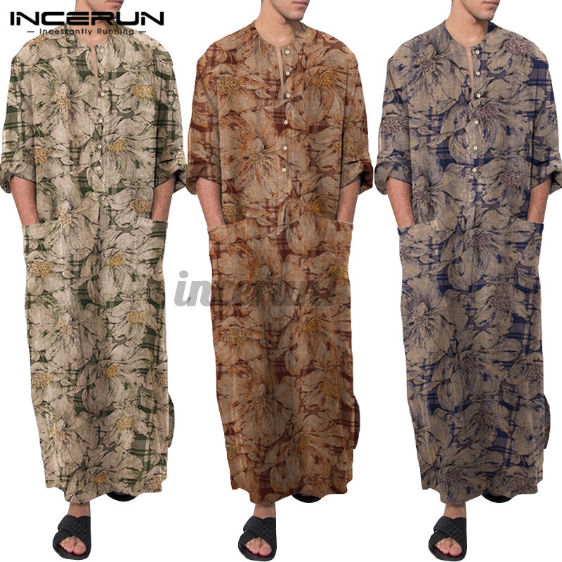 INCERUN Men Linen Ethnic Floral Long Sleeve V Neck Baggy Long Top ...