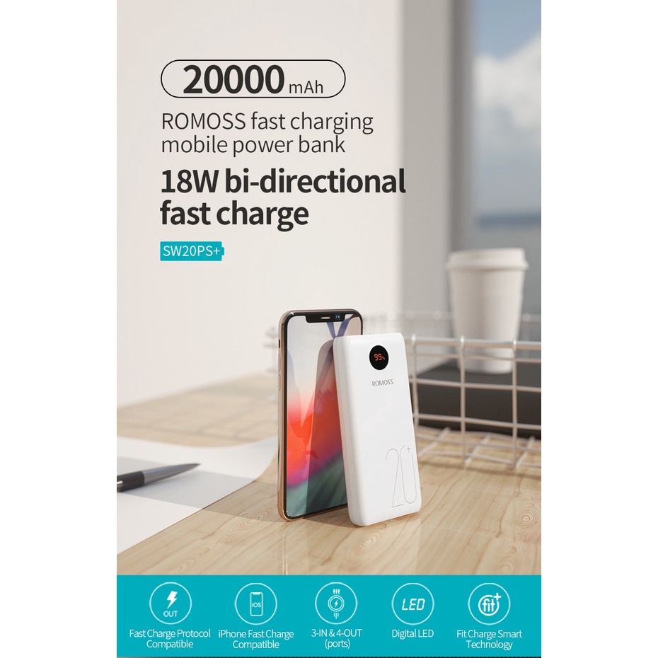 Original Power Bank 20000mAh ROMOSS 18W Fast Charge Powerbank Type C ...