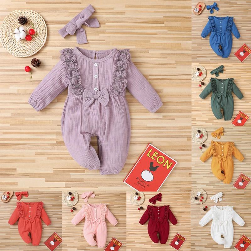[hibabytoys] COD Autumn Baby Girl Cotton Romper Newborn Ruffled Bow Long-sleeved One-piece ...