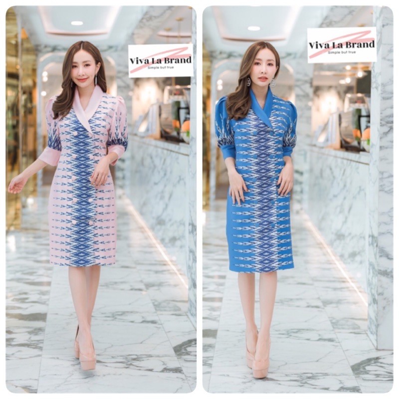 V017 เดรสลายไทยผ้าพิมพ์ชุดทำงานลายไทย Vivalabrand Thaipick