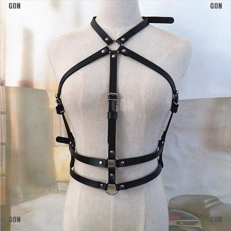 ♥Women's Leather Body Chest Harness Cage Bra Belt Gothic Collar Choker ...