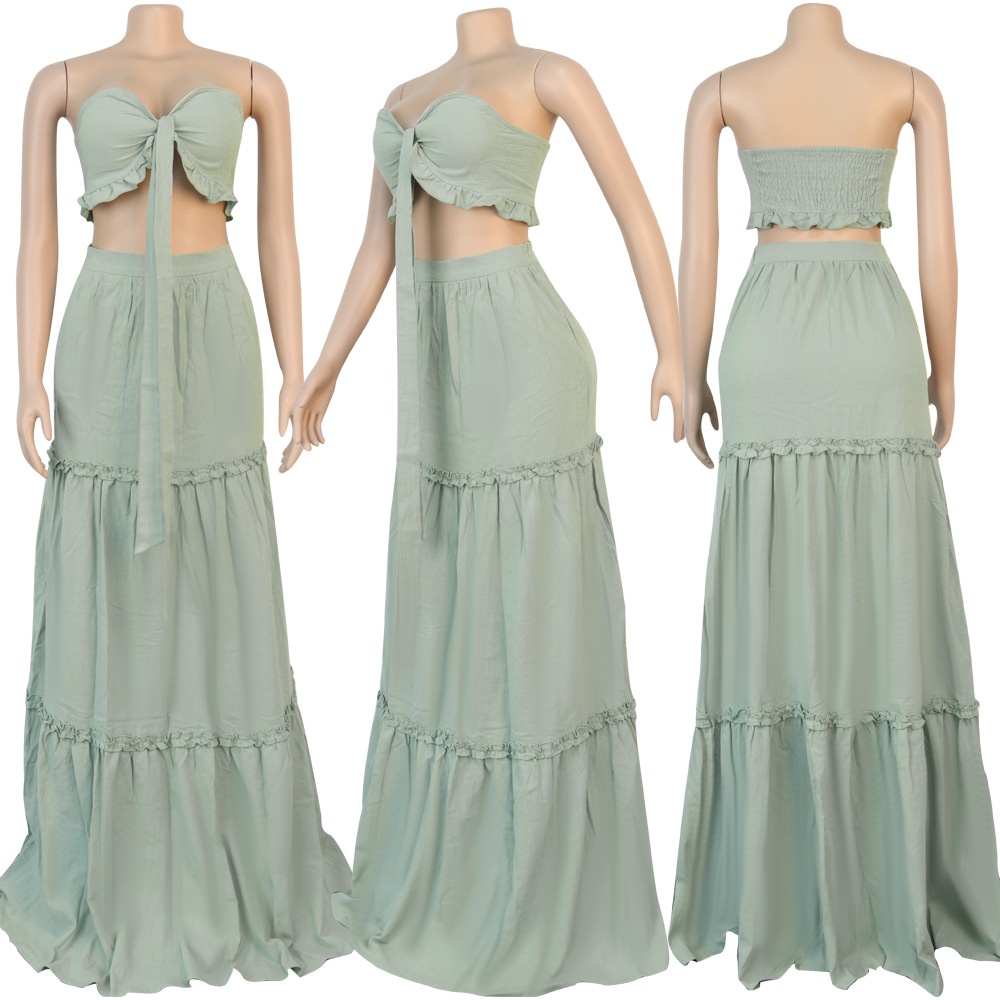 CM.YAYA Women Solid Beach Bohemian Maxi dress Bow Strapless Crop Top ...