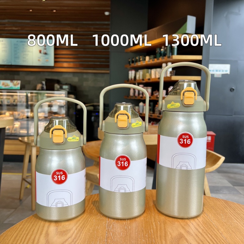 กระบอกน้ำ สแตนเลส316 มีหูหิ้ว กระบอกน้ำเก็บเย็น ขนาดใหญ่1300ML แบบหลอดดูด เก็บน้ำร้อนเย็น มี4สี ...