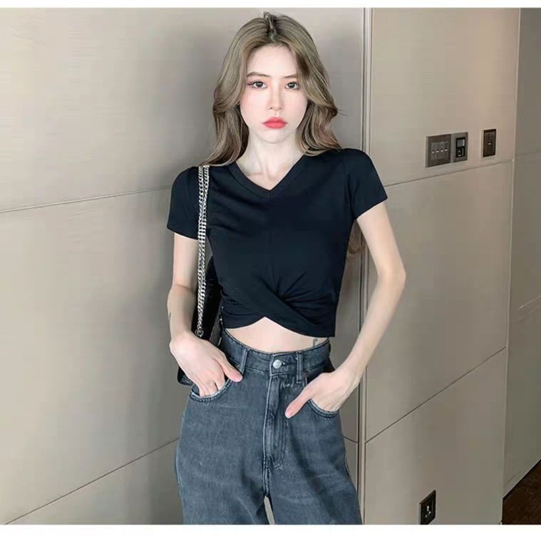 Yigui เสื้อยืดแขนสั้น เอวสูง เข้ารูป เข้ากับทุกการแต่งกาย แฟชั่นฤดูร้อน ...