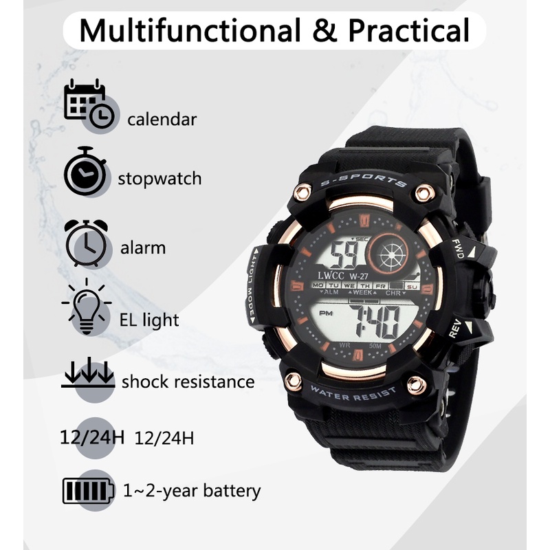 Lwcc นาฬิกาข้อมือดิจิทัล มัลติฟังก์ชั่น กันน้ํา ปฏิทิน COD Relo W-27 ...
