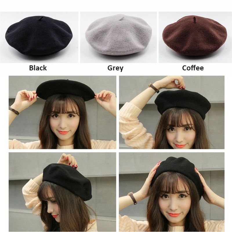 หมวกUnisex Vintage lain Beret Hats French Berets Warm Wool Sring Winter Beanie Hat Women Girl ...