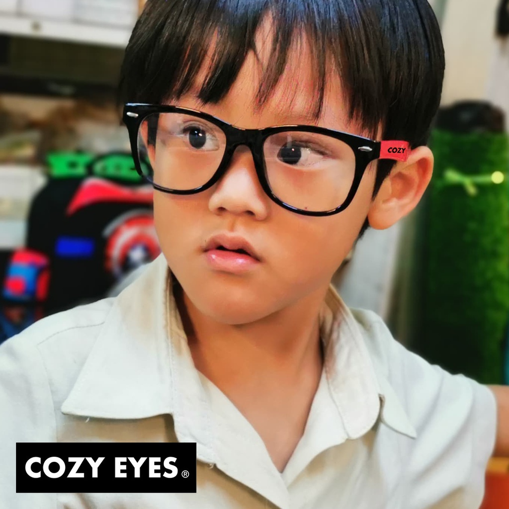 แว่นกรองแสงฟ้า COZY EYES กรอบดำ ขาแดง สำหรับเด็ก 6-15 ปี รุ่น Premium ...