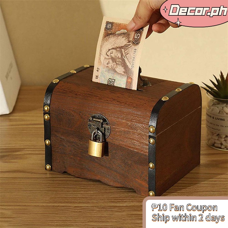 【HOT】Creative Wooden Treasure Box Piggy Bank Three Sizes S/M/L Wooden ...