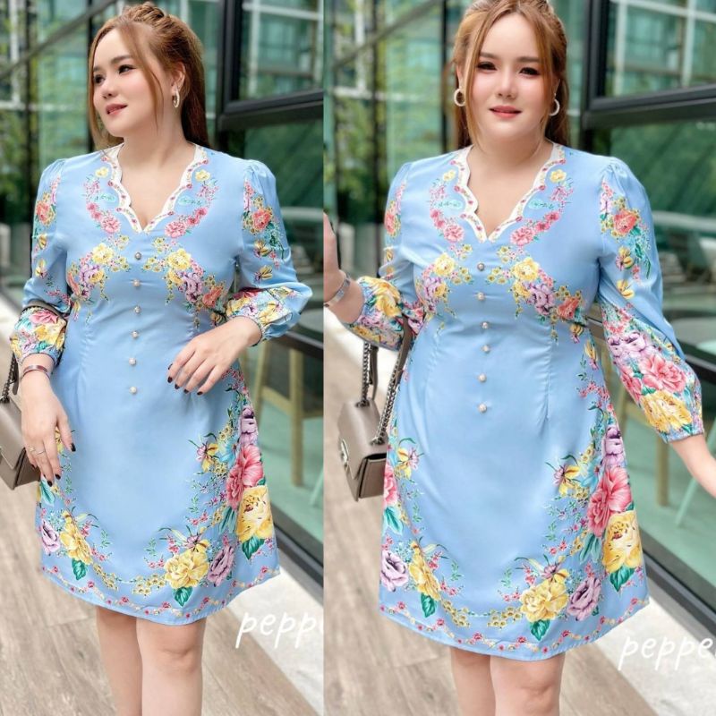 เดรสสาวอวบ (ไซส์ 3XL-6XL) เดรสผ้าพิมพ์ลายดอก แต่งกระดุมมุก งานสวยดูหรูนางแบบใส่งานจริง ...