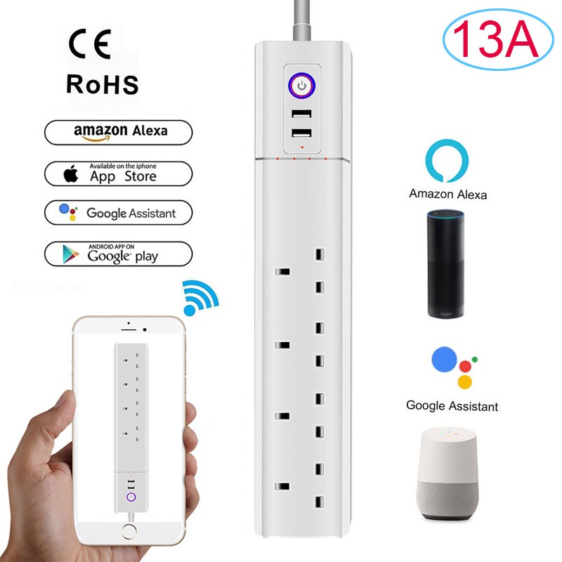 Hot Sales13A WiFi Smart Power Strip 4 AC Outlets UK Plug Sockets 2 USB ...