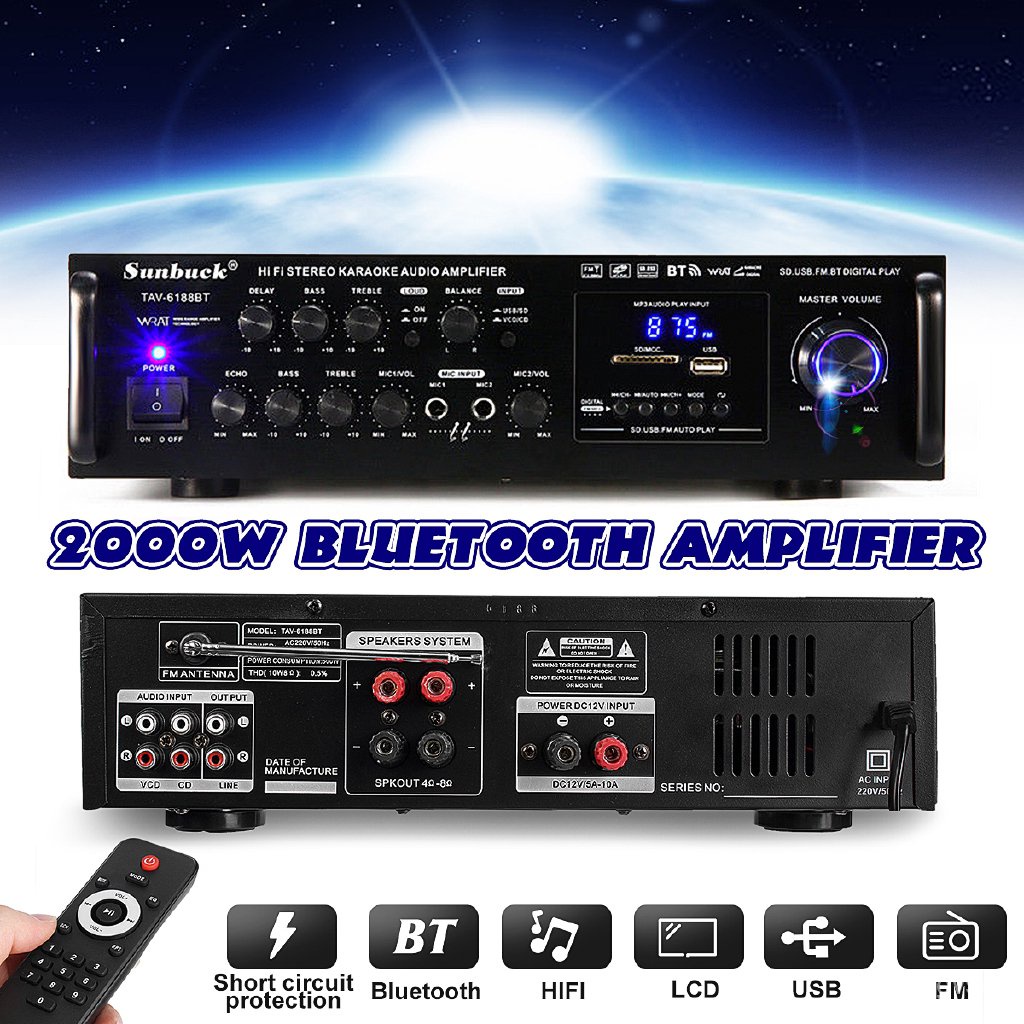 2000W 4ohm Bluetooth Stereo Karaoke Amplifier Support 2 MIC Input FM RC ...