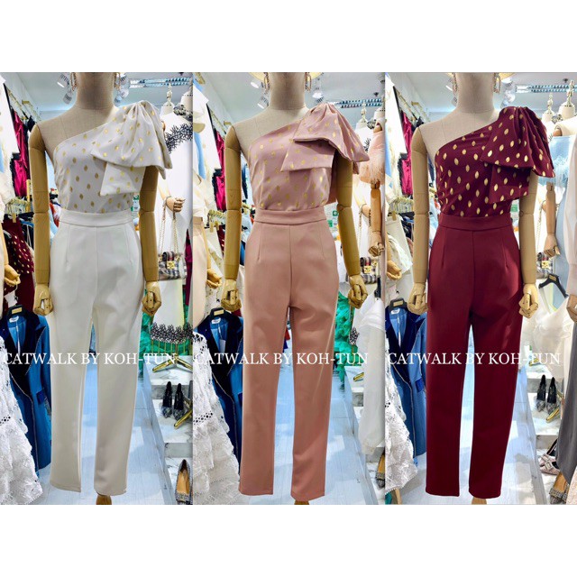 CATWALK BY KOH-TUN เซตไหล่เฉียงแต่งโบว์ไหล่กางเกงเอวสูงทรงขากระบอกเล็ก - 77k9iry4gd - ThaiPick